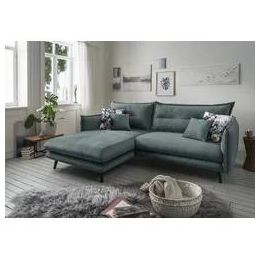 Ecksofa Inosign "Lazio" Sofas Gr. B/H/T: 255cm x 94cm x 180cm, Veloursstoff, Recamiere links, blau (ocean, zierkissen blumenmuster) zwei verschiedene Fußfarben wählbar