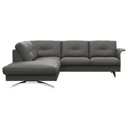 Ecksofa FLEXLUX "Glow, super bequem durch hochwertigem Sitzaufbau mit Federkern, L-Form" Sofas Gr. B/H/T: 236cm x 81cm x 224cm, Echtleder, Ottomane rechts, Armlehnen in Walnuss, grau (warm mineral grey) Modernes skandinavisches Design