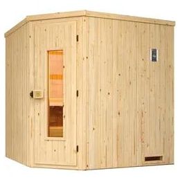 Weka Sauna "Element-Ecksauna VARBERG 2" Saunen vorgefertigte Elemente, isolierte Holztür Gr. Bio-Ofen, externe Steuerung, 7,5 kW, beige (natur)