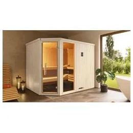 Weka Sauna "Element-Ecksauna VARBERG 4" Saunen vorgefertigte Elemente, Fensterelement, moderne Ganzglastür Gr. Saunaofen, externe Steuerung, 9 kW, weiß