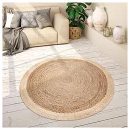 Teppich Paco Home "Viborg 594" Teppiche Gr. Ø 200cm, 6mm, beige Jute, Modern, Boho, Ethno, Handgefertigter Natur-Teppich