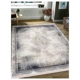 Teppich MERINOS "Rodin 19770", blau, B:120cm H:10mm L:180cm, Polyester, Teppiche, Fransenteppich, Vintage, Orient, Kurzflor mit Fransen