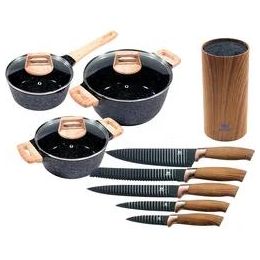 Topf-Set King "»ESSENTIAL« Aluminiumguss, Induktion, Antihaftbeschichtung", schwarz, 7,5 l, Töpfe, inkl. 5 Küchenmesser, 1 Messerblock