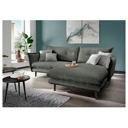 Ecksofa Inosign "Lazio" Sofas Gr. B/H/T: 255cm x 94cm x 180cm, Webstoff, Recamiere rechts, grau (anthrazit, zierkissen grau, blau) zwei verschiedene Fußfarben wählbar