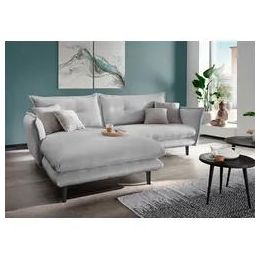 Ecksofa Inosign "Lazio" Sofas Gr. B/H/T: 255cm x 94cm x 180cm, Webstoff, Recamiere links, grau (grau, blau, zierkissen grau) zwei verschiedene Fußfarben wählbar