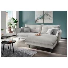 Ecksofa Inosign "Lazio" Sofas Gr. B/H/T: 255cm x 94cm x 180cm, Webstoff, Recamiere rechts, blau (grau, zierkissen grau, blau) zwei verschiedene Fußfarben wählbar