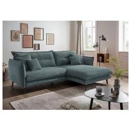 Ecksofa Inosign "Lazio" Sofas Gr. B/H/T: 255cm x 94cm x 180cm, Cord, Recamiere rechts, grün (petrol, zierkissen petrol) zwei verschiedene Fußfarben wählbar