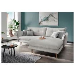 Ecksofa Inosign "Lazio" Sofas Gr. B/H/T: 255cm x 94cm x 180cm, Webstoff, Recamiere rechts, blau (grau, zierkissen grau, blau) zwei verschiedene Fußfarben wählbar