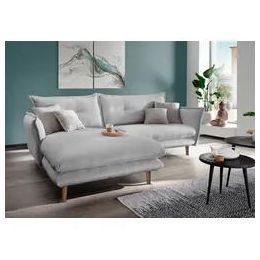 Ecksofa Inosign "Lazio" Sofas Gr. B/H/T: 255cm x 94cm x 180cm, Webstoff, Recamiere links, grau (grau, blau, zierkissen grau) zwei verschiedene Fußfarben wählbar