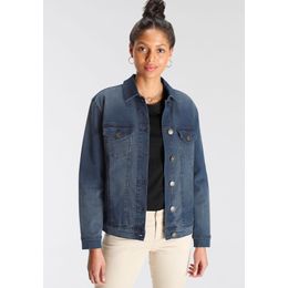 Jeansjacke AJC, Damen, Gr. 34, blau (blau denim), Obermaterial: 98% Baumwolle, 2% Elasthan, modisch, oversize hüftlang, 2-Naht-Ärmel 1-Knopf-Manschette, Jacken, im Oversize-Look