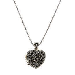 ZEEme Damen Kette mit Anhänger "Silber 925 oxidiert Medaillon Herz-Form mit 25x Markasit", 45cm, Silber 925 (Sterlingsilber), L: 45 B: 21mm, schwarz,
