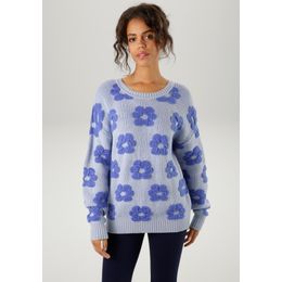 Aniston CASUAL Damen Strickpullover, blau, Gr. 38, Jacquardmuster, gebl&uuml;mt, gemustert, Strick, Obermaterial: 35% Viskose, 30% Polyacryl, 20%