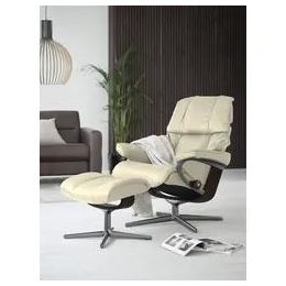 Relaxsessel stressless "Reno" Sessel Gr. Leder BATICK, Cross Base Braun-S, Relaxfunktion-Drehfunktion-PlusTMSystem-Gleitsystem-BalanceAdaptTM, B/H/T: 79cm x 99cm x 75cm, beige (cream batick) mit Hocker, Cross Base, Größe S, M & L, Holzakzent Braun