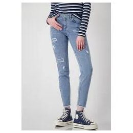 Röhrenjeans monari Gr. 34, N-Gr, blau (blau denim) Damen Jeans mit Destroyed-Effekten