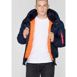 Bomberjacke Alpha Industries "MA-1 HOODED", Herren, Gr. S, blau (replica blau), Web, Obermaterial: 100% Nylon. Futter: 100% Nylon. Wattierung: 100% Polyester, unifarben, modisch, schmal normal, Langarm Strickbund, Jacken