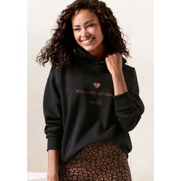 Hoodie Lascana, Damen, Gr. 40/42, schwarz, Obermaterial: 60% Baumwolle, 40% Polyester, unifarben, Casual, loose fit, Sweatshirts, Lounge-/Kapuzenpullover mit Print vorne, Loungewear