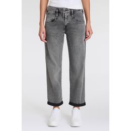 5-Pocket-Jeans Herrlicher "Shyra Tap Organic Denim Brushed", Damen, Gr. 25, N-Gr, grau (rhino), Denim/Jeans, Obermaterial: 77% Baumwolle, 10% Polyester, 10% Viskose, 3% Elasthan, casual, gerade knöchellang, Jeans, mit umgeschlagenem Saum