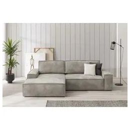 Ecksofa Home Affaire "SHERWOOD Schlafsofa 267 cm, L-Form" Sofas Gr. B/H/T: 267cm x 85cm x 167cm, Vintage, Recamiere links, grau (hellgrau) Schlaffunktion mit Bettkasten (210x136 cm), Cord, Vintage, Samtvelours