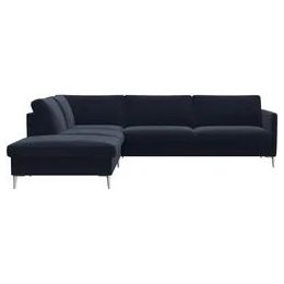 Ecksofa FLEXLUX "Fiore, L-Form" Sofas Gr. B/H/T: 266cm x 85cm x 225cm, Velvet, Ottomane links, blau (royal blau) schmale Armlehnen, Kaltschaum, Füße Alu