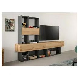 Wohnwand Inosign "Tyson, Breite 210 cm, besteht aus: Lowboard und Aufsatzregal" Kastenmöbel-Sets Gr. B/H/T: 210cm x 147cm x 38cm, grau (grau / evoke oak nachbildung) TV-Board, TV-Möbel, Media-Möbel, Fernsehschrank