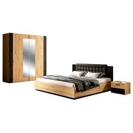 Schlafzimmer-Set Inosign "Sigma, Set 4 -St(Kleiderschrank, 2xNako, Bett 180), Made in Europe" Schlafzimmermöbel-Sets Gr. B/H/T: 186,3cm x 89,5cm x 205cm, artisan/schwarz, B/H: 180cm x 200cm, schwarz (artisan/schwarz) Komplettschlafzimmer, viel Stauraum, trendige Farben