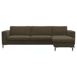 Ecksofa FLEXLUX "Fiore, superbequemer Sitzkomfort durch Kaltschaum im Sitz, L-Form" Sofas Gr. B/H/T: 262cm x 85cm x 92cm, Lederoptik, Chaiselongue rechts, braun (camel brown) breite Armlehnen, Füße Alu+schwarz