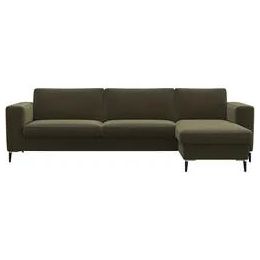 Ecksofa FLEXLUX "Fiore, superbequemer Sitzkomfort durch Kaltschaum im Sitz, L-Form" Sofas Gr. B/H/T: 262cm x 85cm x 92cm, Velvet, Chaiselongue rechts, grün (moss green) breite Armlehnen, Füße Alu+schwarz