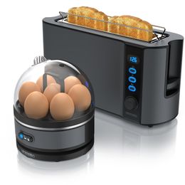 arendo - SET Toaster FRUKOST mit Eierkocher SEVENCOOK Edelstahl Grau, Toaster 2 Scheiben, LED-Display, 6 Br&auml;unungsgrade, Br&ouml;tchenhalter - Eierkocher