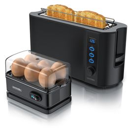 arendo - SET Toaster FRUKOST mit Eierkocher SIXCOOK Edelstahl Schwarz, Toaster 2 Scheiben, LED-Display, 6 Br&auml;unungsgrade, Br&ouml;tchenhalter - Eierkocher