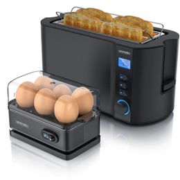 arendo - Set Toaster MANHA mit Eierkocher SIXCOOK Edelstahl Schwarz, Toaster 4 Scheiben, LED-Display, 6 Br&auml;unungsgrade, Br&ouml;tchenhalter - Eierkocher
