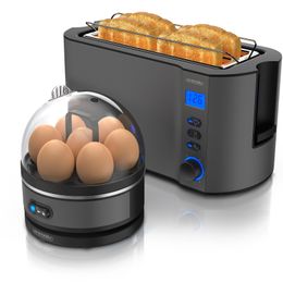 arendo - SET Toaster MANHA mit Eierkocher SEVENCOOK Edelstahl Grau, Toaster 4 Scheiben, LED-Display, 6 Br&auml;unungsgrade, Br&ouml;tchenhalter - Eierkocher 1-7