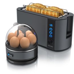 arendo - SET Toaster FRUKOST mit Eierkocher SEVENCOOK Edelstahl Grau, Toaster 4 Scheiben, LED-Display, 6 Br&auml;unungsgrade, Br&ouml;tchenhalter - Eierkocher