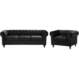 Beliani Sofa Set Schwarz Samtstoff Sizgruppe Chesterfield Stil Glamourös Wohnzimmer