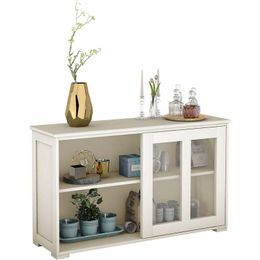 Costway Sideboard mit höhenverstellbarer Ablage und Schiebetüren aus gehärtetem Glas, Küchenschrank 107 x 33 x 62,5 cm, Cremeweiß