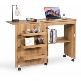 Costway 2 in 1 Nähschrank & Schreibtisch klappbar, Nähtisch aus Holz mit 3 Einlegeböden für Spulen & feststellbare Rollen, Nähmaschinenschrank für