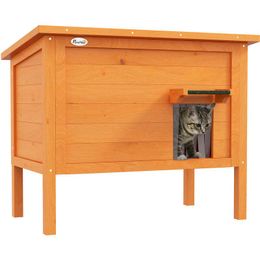 PawHut - Katzenhaus aus Holz, Katzenhöhle Outdoor, Isolierte Katzenhütte mit Türvorhang, Kleintierhaus im Erhöhte Design, für Garten, Balkon, Orange,