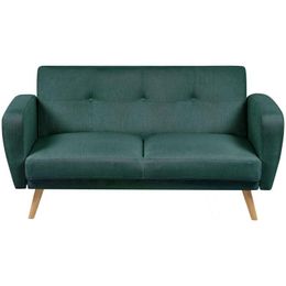 Beliani 2-Sitzer Sofa Dunkelgrün Stoffbezug mit Holzbeinen Schlaffunktion Verstellbar Rechteckig Skandinavisch Modern Wohnzimmer Ausstattung Schlafsofa