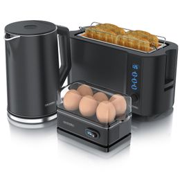 arendo Frühstücks-Set Wasserkocher 1,5l, 4-Scheiben Toaster, 6er Eierkocher, Schwarz