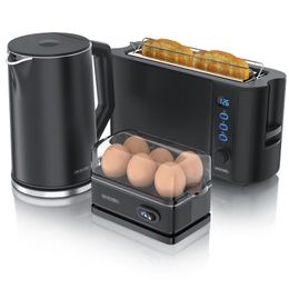 arendo Frühstücks-Set Wasserkocher 1,5l, 2-Scheiben Toaster, 6er Eierkocher, Schwarz