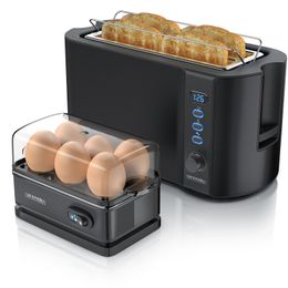 arendo - Set Toaster FRUKOST mit Eierkocher SIXCOOK Edelstahl Schwarz, Toaster 4 Scheiben, LED-Display, 6 Bräunungsgrade, Brötchenhalter - Eierkocher