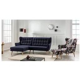 Ecksofa LEONIQUE "Louanne, L-Form" Sofas Gr. B/H/T: 250cm x 107cm x 173cm, Struktur grob, Recamiere links, Holzfuß Buche, blau (moonlight ocean) mit Holzfüßen