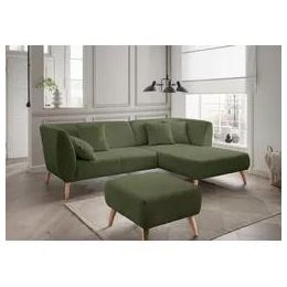 Ecksofa Inosign "Colori L-Form", grün (moosgrün), B:264cm H:80cm T:160cm, 100% Polyester, Sofas, Holzfußfarbe wählbar, inkl. 4x Zierkissen