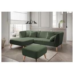 Ecksofa Inosign "Colori L-Form", grün (moosgrün), B:264cm H:80cm T:160cm, 100% Polyester, Sofas, Holzfußfarbe wählbar, inkl. 4x Zierkissen