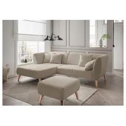 Ecksofa Inosign "Colori L-Form" Sofas Gr. B/H/T: 264cm x 80cm x 160cm, Microfaser, Recamiere links, Fußfarbe natur-Recamiere links, beige Holzfußfarbe wählbar, inkl. 4x Zierkissen