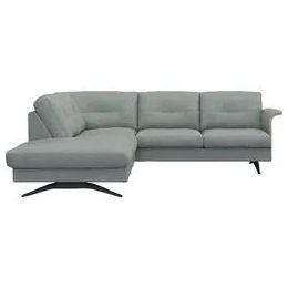 Ecksofa FLEXLUX "Glow, super bequem durch hochwertigem Sitzaufbau mit Federkern, L-Form" Sofas Gr. B/H/T: 236cm x 81cm x 224cm, Bouclé, Ottomane rechts, Armlehnen in geölter Eiche, blau (sky blau) Modernes skandinavisches Design