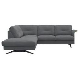 Ecksofa FLEXLUX "Glow, super bequem durch hochwertigem Sitzaufbau mit Federkern, L-Form" Sofas Gr. B/H/T: 236cm x 81cm x 224cm, Lederoptik, Ottomane rechts, Armlehnen in geölter Eiche, grau (elephant grey) Modernes skandinavisches Design