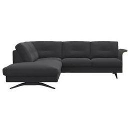 Ecksofa FLEXLUX "Glow, super bequem durch hochwertigem Sitzaufbau mit Federkern, L-Form" Sofas Gr. B/H/T: 236cm x 81cm x 224cm, Lederoptik, Ottomane rechts, Armlehnen in geölter Eiche, schwarz (gorilla black) Modernes skandinavisches Design