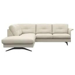 Ecksofa FLEXLUX "Glow, super bequem durch hochwertigem Sitzaufbau mit Federkern, L-Form" Sofas Gr. B/H/T: 236cm x 81cm x 224cm, Echtleder, Ottomane rechts, Armlehnen in geölter Eiche, weiß (warm weiß) Modernes skandinavisches Design