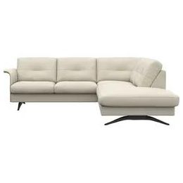 Ecksofa FLEXLUX "Glow, super bequem durch hochwertigem Sitzaufbau mit Federkern, L-Form" Sofas Gr. B/H/T: 236cm x 81cm x 224cm, Echtleder, Ottomane links, Armlehnen in geölter Eiche, weiß (warm weiß) Modernes skandinavisches Design