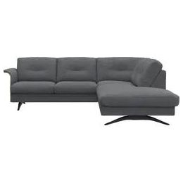 Ecksofa FLEXLUX "Glow, super bequem durch hochwertigem Sitzaufbau mit Federkern, L-Form" Sofas Gr. B/H/T: 236cm x 81cm x 224cm, Lederoptik, Ottomane links, Armlehnen in geölter Eiche, grau (elephant grey) Modernes skandinavisches Design